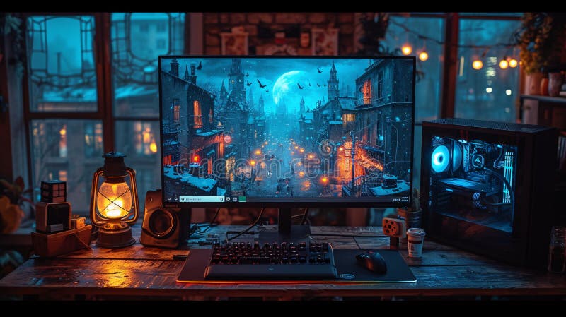 Cozy Gaming Setup with Computer and Ambient Lighting Stock Illustration ...