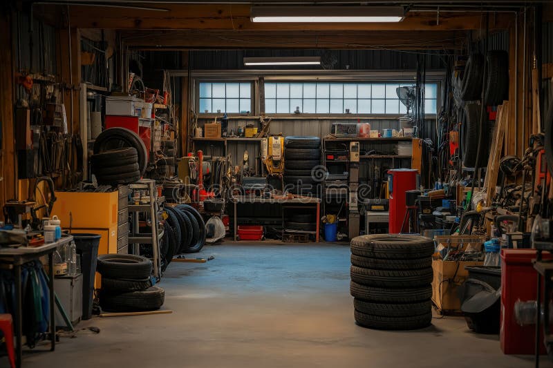 Cozy Garage Workshop with Stacked Tires and Varied Tools Organized on ...