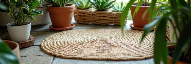 Cozy Garden Balcony with Circular Rug and Potted Plants Stock Image ...
