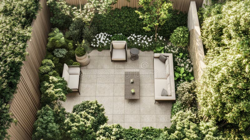 Cozy Garden Seating Area with Lush Greenery Stock Illustration ...