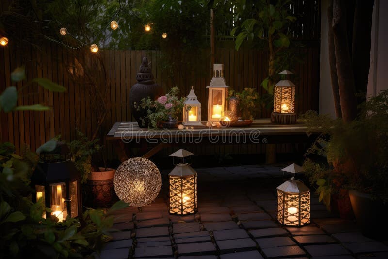 Cozy Garden Setting with Lanterns and String Lights Creating a Warm and ...