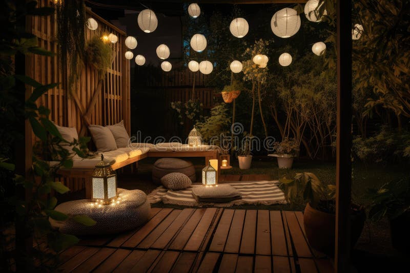 Cozy Garden Setting with Lanterns and String Lights Creating a Warm and ...