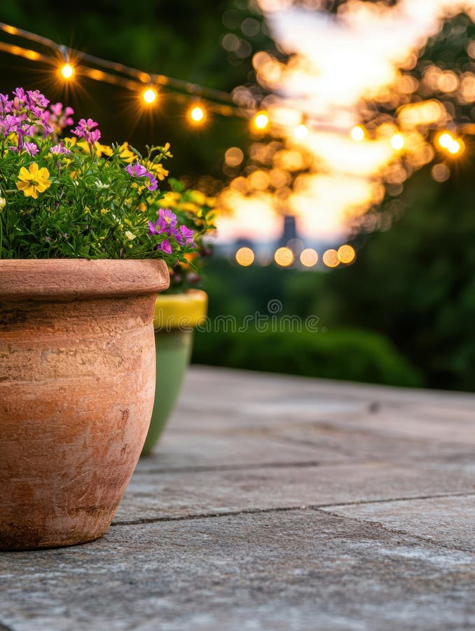 Cozy Garden with String Lights and Flowers Stock Illustration ...