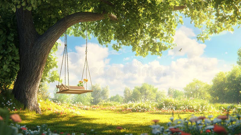 Cozy Garden Swing Under a Tree on a Sunny Day. Stock Image - Image of ...