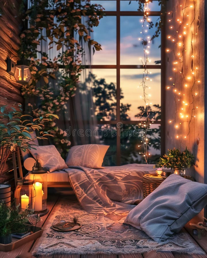 Cozy Garden View at Sunset with Soft Lighting and Plants Stock ...