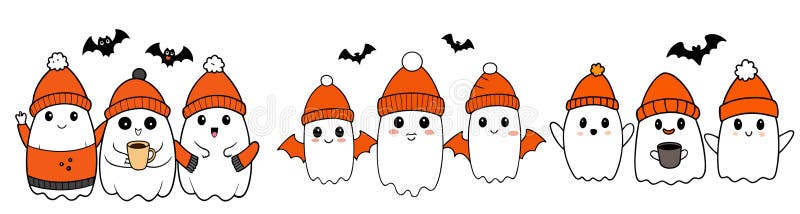 Smiling Cartoon Ghosts in Orange Hats Vector Illustration, Halloween ...