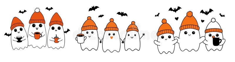 Cute Happy Ghosts in Orange Beanies Drinking Coffee and Waving ...