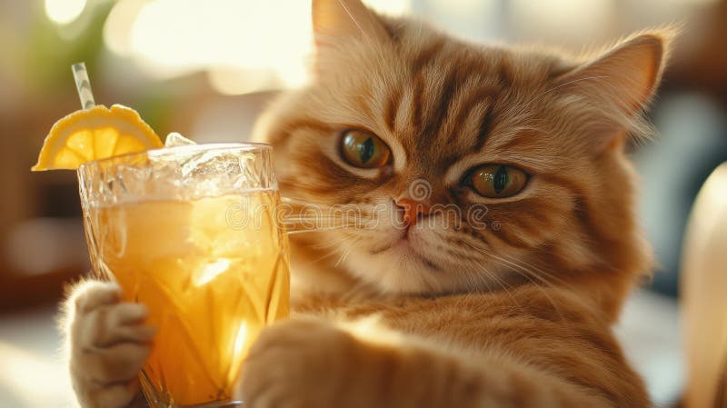 Cozy Ginger Cat Enjoying a Refreshing Iced Tea with a Lemon Slice Stock ...