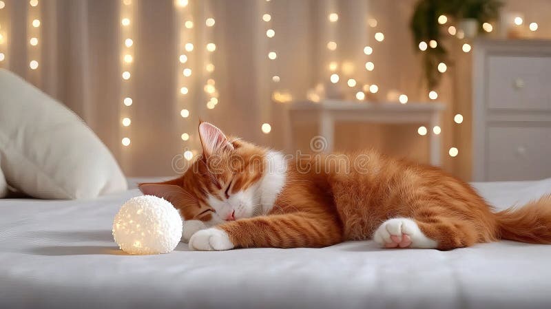Cozy Ginger Cat Sleeping Peacefully on Bed with Soft Fairy Lights Stock ...