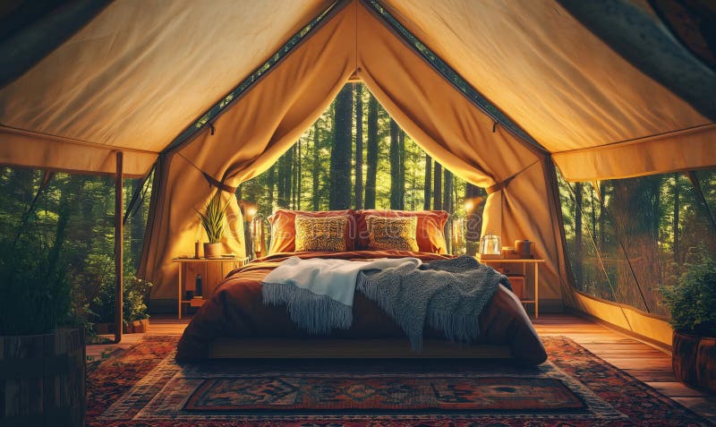 Cozy Glamping Tent Interior Comfortable Bed Forest View Stock Photos ...