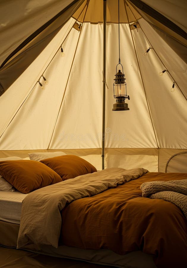 Cozy Glamping Tent Interior with Warm Lighting Stock Illustration ...