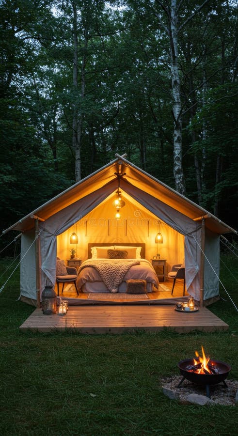 Cozy Glamping Tent at Night in the Woods Stock Illustration ...