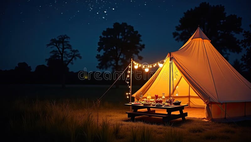 Cozy Glamping Tent Setup with String Lights Under Starry Night Sky ...