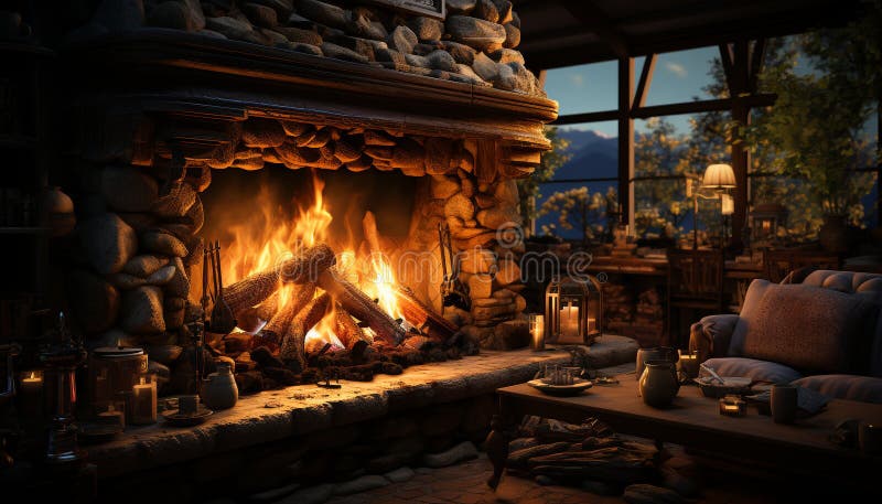 A Cozy, Glowing Log Fire Illuminates the Comfortable Winter Living Room ...