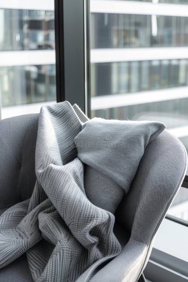 Cozy Gray Blanket Draped Over a Chair beside a Modern Glass Window ...