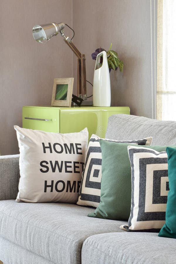 Cozy Gray Sofa with Geometry Pattern Pillows Stock Photo - Image of ...