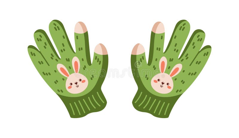 Cozy Green Mittens with Bunny Faces Flat Vector Object Stock ...