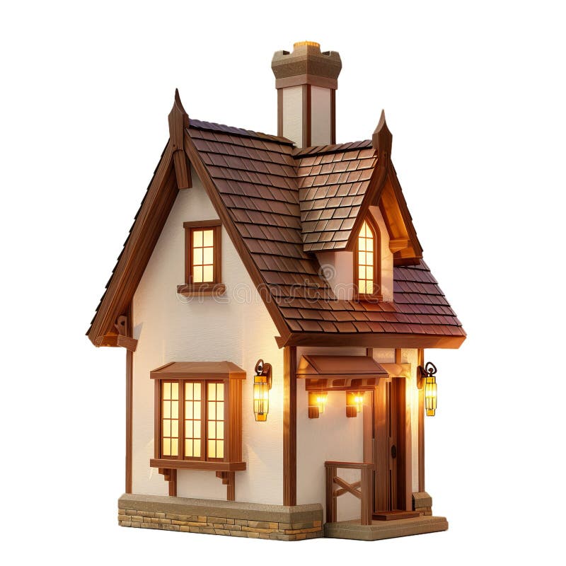 Cozy Half Timbered Cottage with Glowing Windows on White Background ...