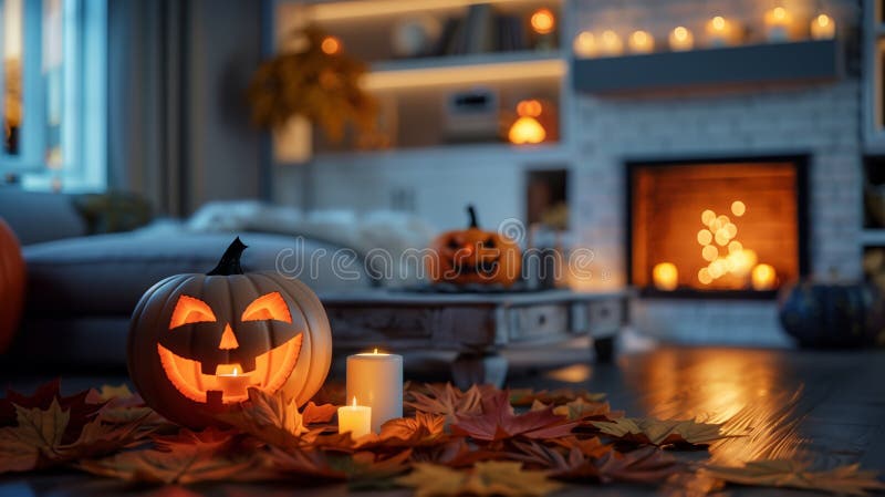 Cozy Halloween Interior with Jack-o -Lanterns and Candlelight Stock ...