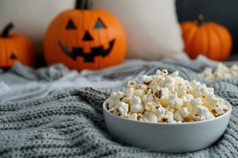 Cozy Halloween Scene with Pumpkins and Popcorn Stock Illustration ...