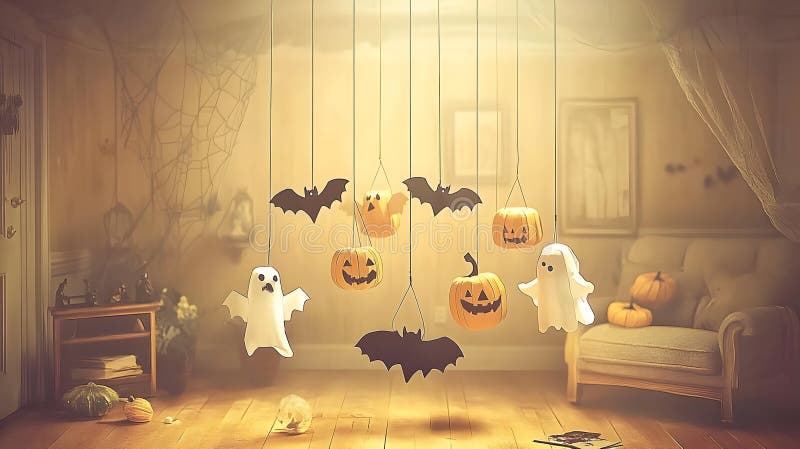 A Cozy Halloween-themed Room with Hanging Ghosts, Bats, and Pumpkins ...