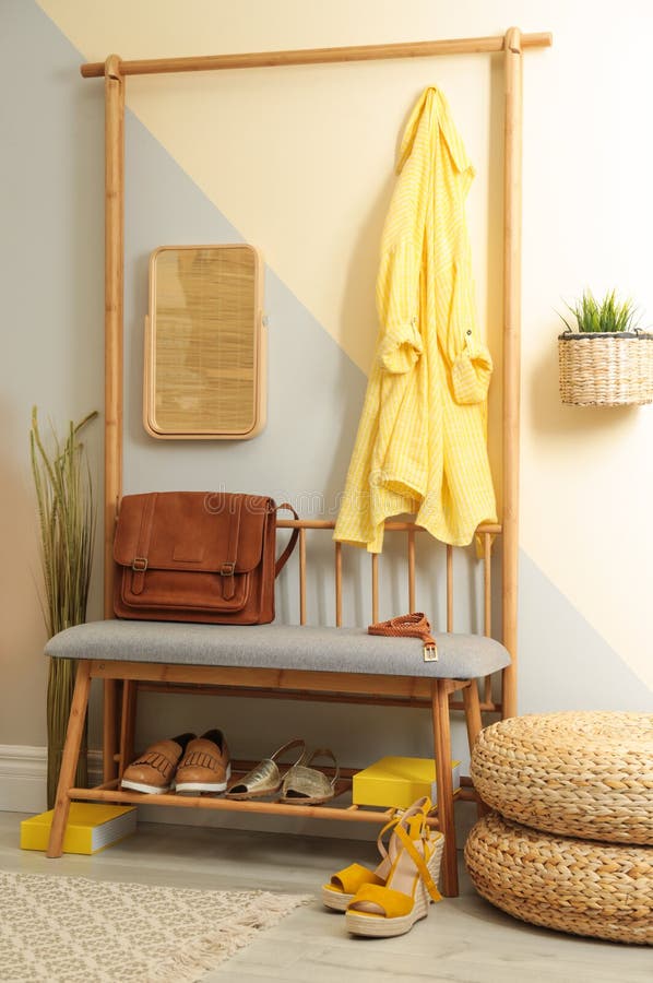 Cozy Hallway Interior with Storage Bench and Design Elements Stock ...