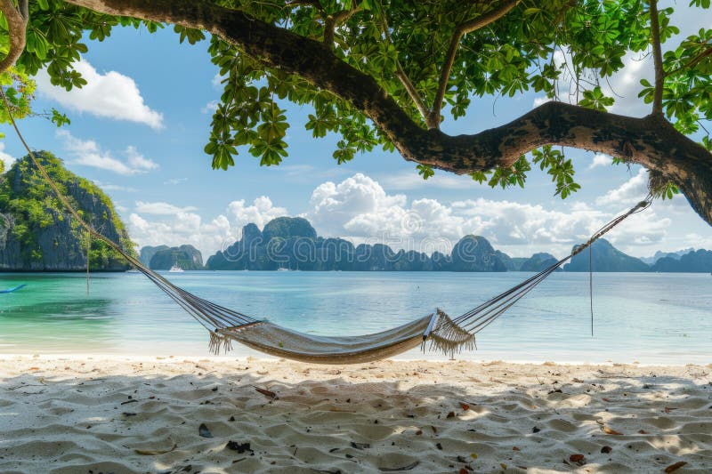 Cozy Hammock Suspended between Palm Tree Branches on a Sandy Beach ...