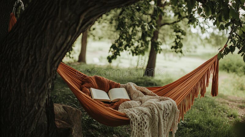 A Cozy Hammock Under a Tree with a Soft Throw Blanket and a Book Stock ...