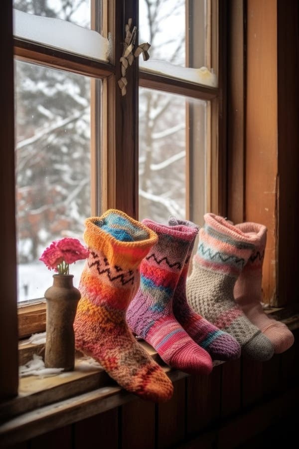 Cozy Handmade Socks on a Window Sill with Snow Outside Stock ...