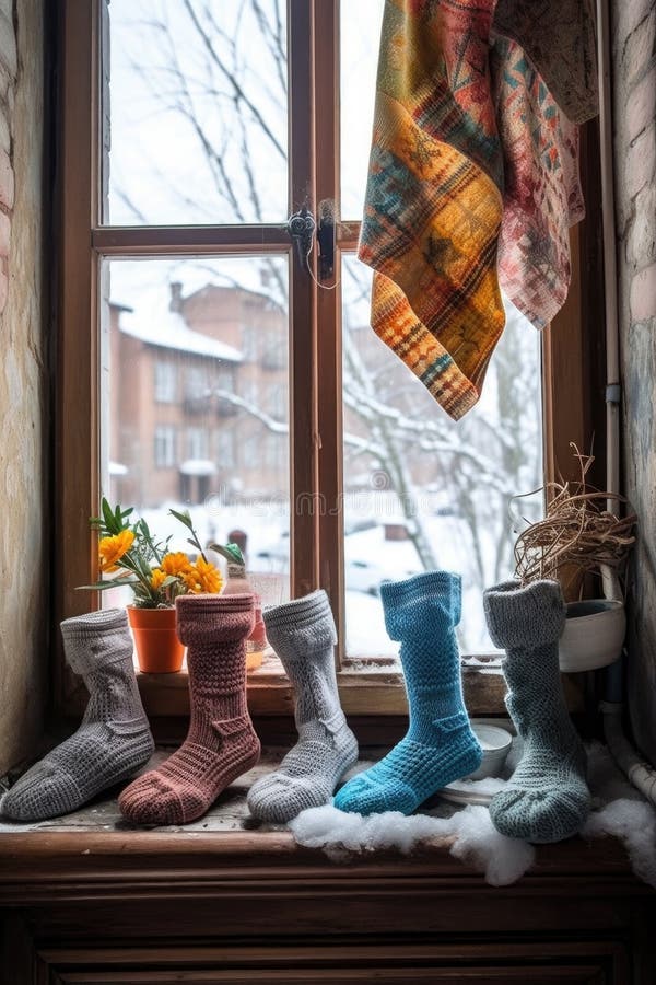 Cozy Handmade Socks on a Window Sill with Snow Outside Stock ...