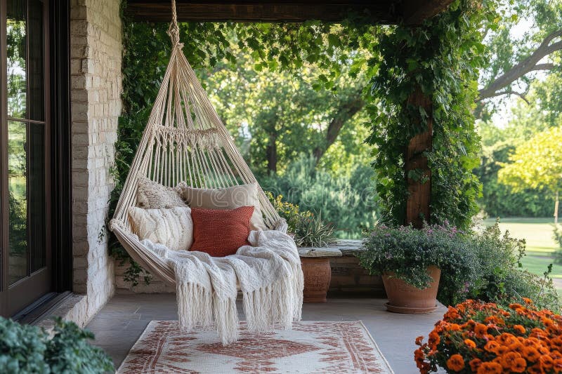 Cozy Hanging Chair in a Lush Backyard Garden Setting Stock Illustration ...