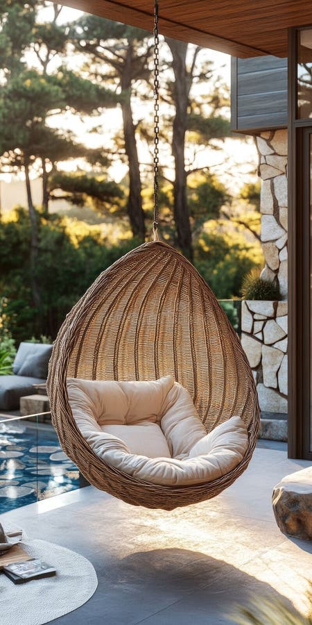 Cozy Hanging Chair in a Lush Backyard Garden Setting Stock Illustration ...