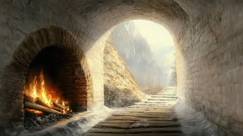 Cozy Hearth within a Stone Tunnel Leading To Mountain Pathway Stock ...