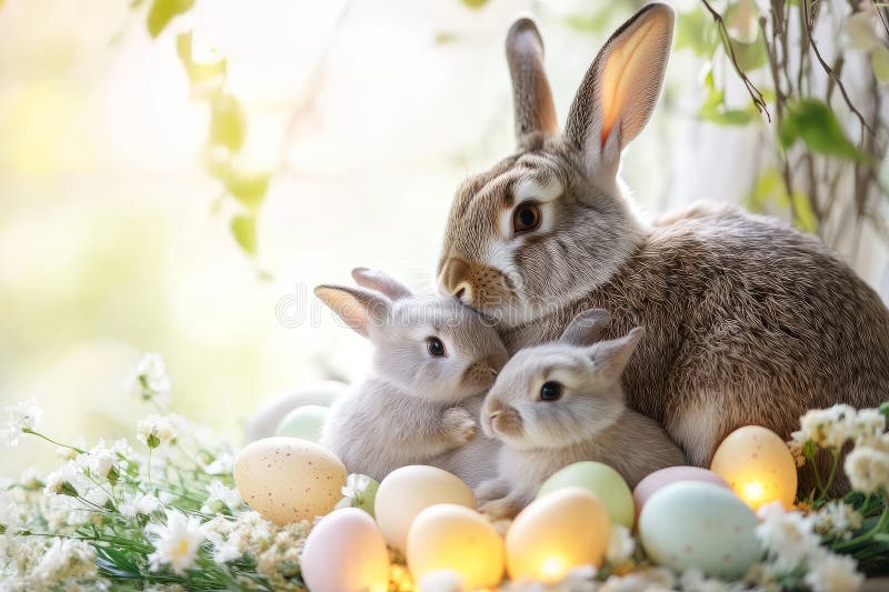 A Cozy, Heartwarming Easter Bunny Scene Featuring a Mother Bunny and ...