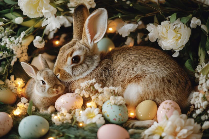 A Cozy, Heartwarming Easter Bunny Scene Featuring a Mother Bunny and ...