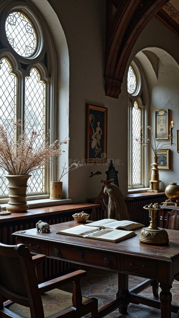 Cozy Historical Study with Gothic Windows and Antique Decor Stock Photo ...