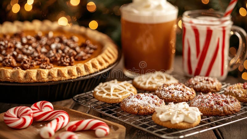 Cozy Holiday Baking Setup Featuring Festive Treats and Drinks Stock ...