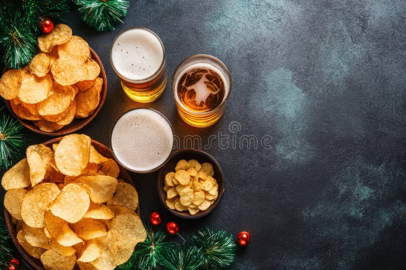 Cozy Holiday Gathering with Beer and Crisps on Rustic Table Stock Image ...