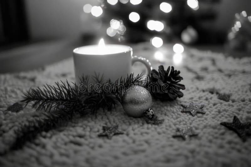 Cozy Holiday Scene with Candle, Pine Branches, and Ornaments in Black ...