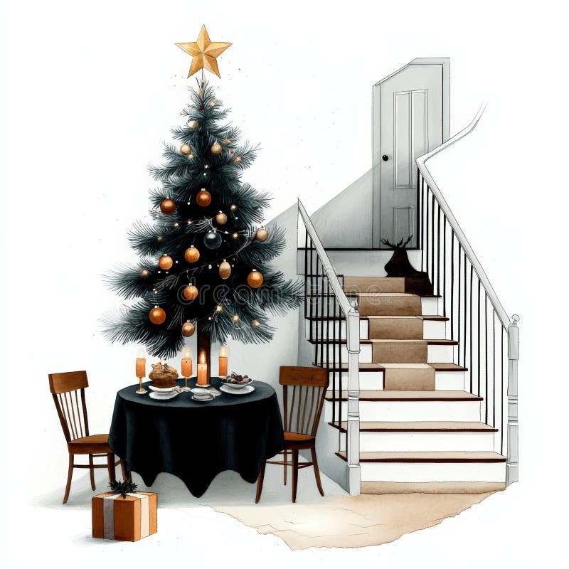 Cozy Holiday Scene with a Decorated Christmas Tree and Festive Dining ...