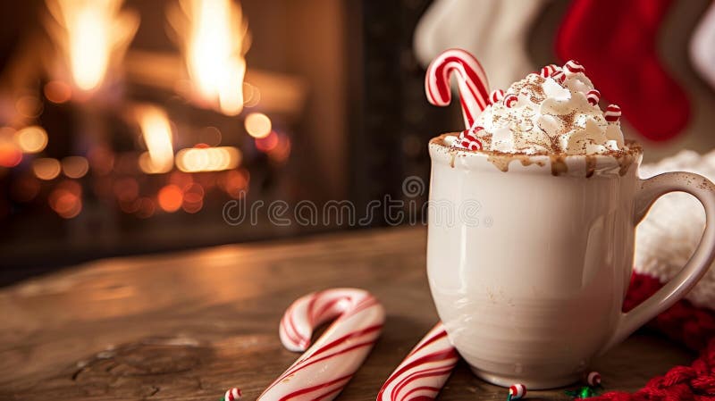 Cozy Holiday Scene with Hot Chocolate and Candy Canes by Fireplace ...
