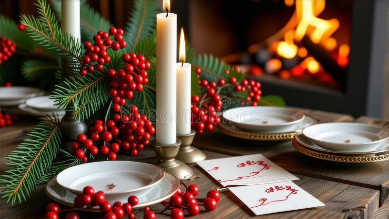 Cozy Holiday Table Setting with Candles, Berries, and Fire Ambiance ...