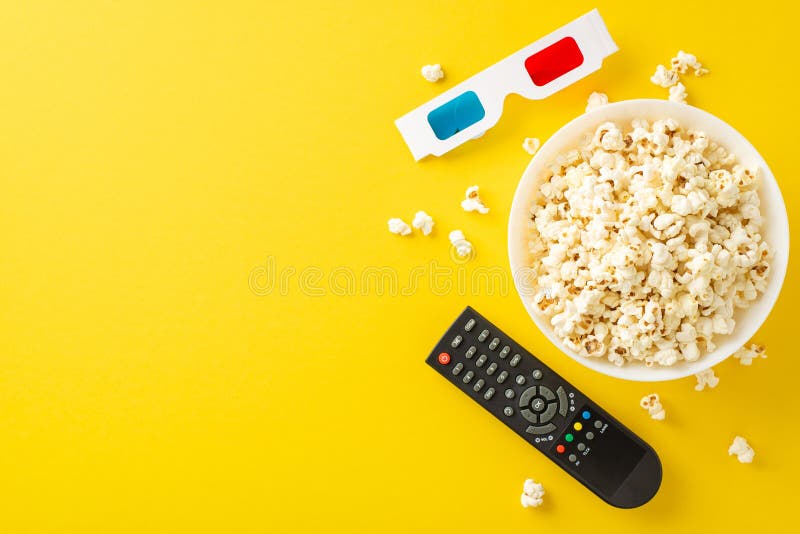 Cozy Home Cinema Top View Scene: Pop Corn Snack, 3D Glasses Stock Image ...
