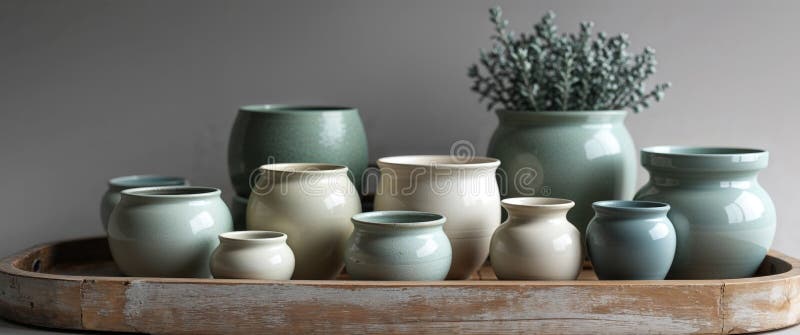 Cozy Home Decor Display with Ceramic Pots and Wooden Tray. Stock Photo ...