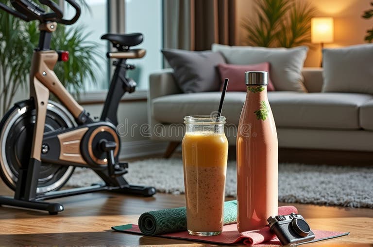 Cozy Home Gym Setup with Exercise Bike and Refreshing Drinks Stock ...