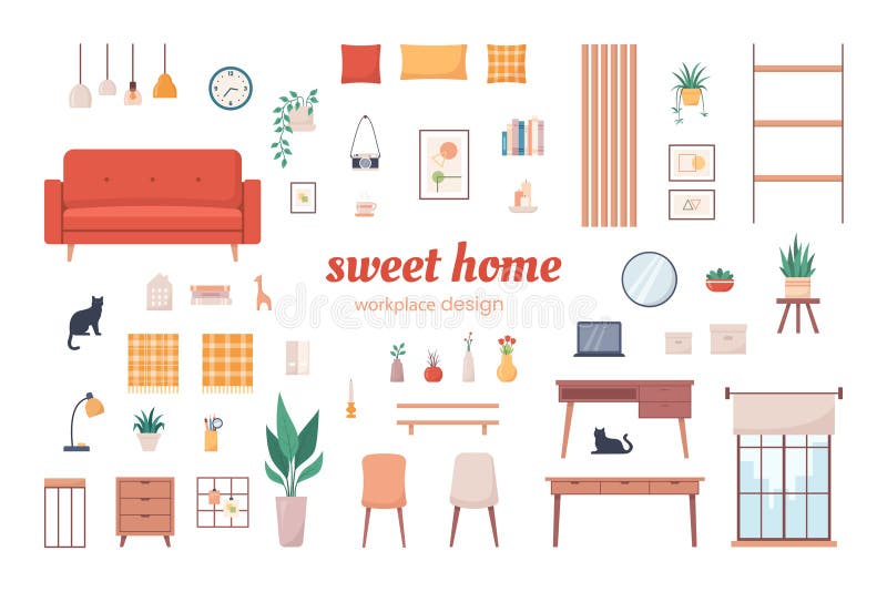 Cozy Home Interior Design Objects Set. Workplace Interior Stock Vector ...