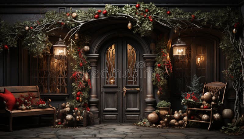 Cozy Home Interior Illuminated Christmas Tree, Rustic Wood, Holly ...