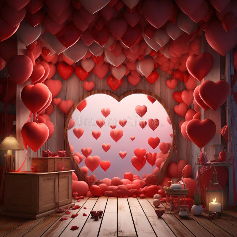Cozy Home Interior with Red Hearts Around a Big Heart on the Wall As an ...