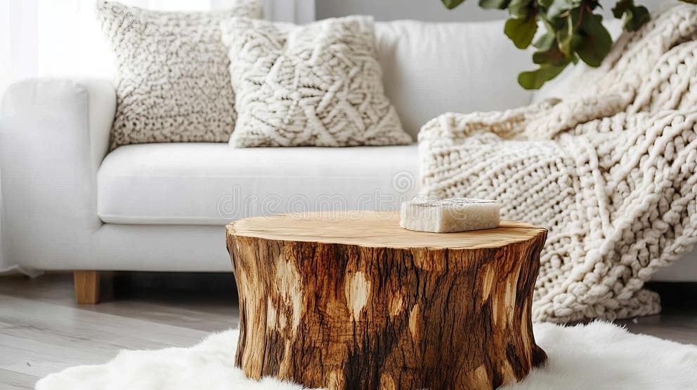 Cozy Home Interior: Tree Stump Table, Rustic Chic Decor Stock ...