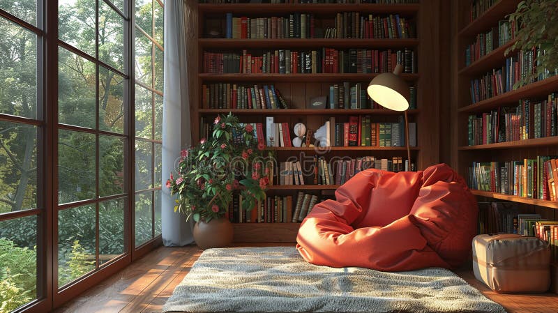 Cozy Home Library Corner with Large Windows and Forest View Stock ...